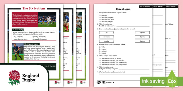 FREE! - England Rugby: Six Nations Reading Comprehension Ages 7-9