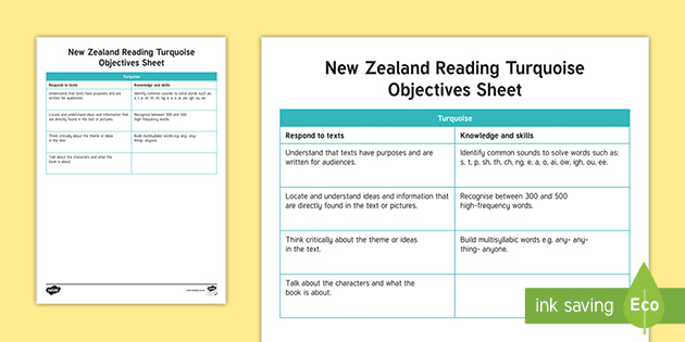 New Zealand Reading Turquoise Objectives Sheet Adult Guidance
