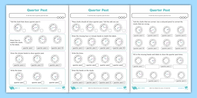 👉 Differentiated Time Quarter Past Maths Activity Sheets