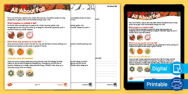 Second Grade All About Fall Reading Comprehension Activity