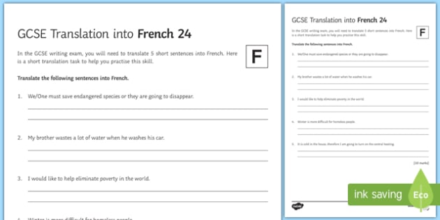 GCSE French Translation into French 24 Foundation Tier Worksheet ...