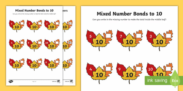 Autumn Leaf Mixed Number Bonds to 10 Worksheet / Worksheet