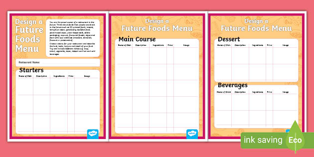 Future Foods Menu Activity (teacher made)