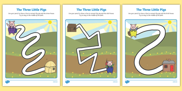 The Three Little Pigs Pencil Control Path Sheets - pencil