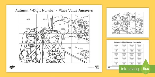 Autumn Themed 4-digit Number Place Value Colouring Assessment Sheet