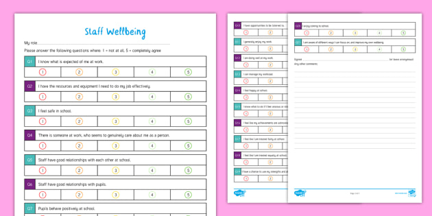 * NEW * Staff Wellbeing Questionnaire Checklist - mental health, stress