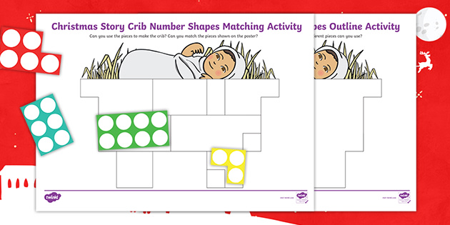 👉 Christmas Story Crib Number Shape Outline and Matching Posters Activity