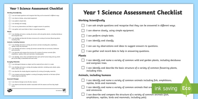 2014 National Curriculum Year 1 Science Assessment Individual Checklist