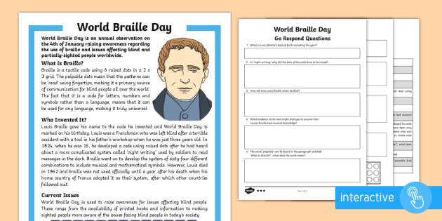 World Braille Day KS2 Differentiated Reading Comprehension Activity