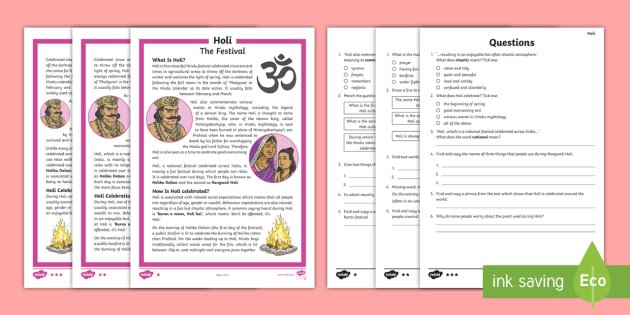 UKS2 Holi Differentiated Reading Comprehension Activity - Hinduism, prahad