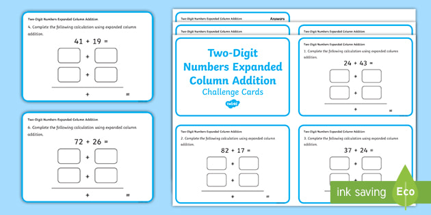 2 Digit Numbers Expanded Column Addition Challenge Cards