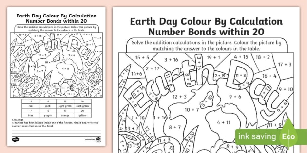👉 Earth Day Colour by Calculation Number Bonds within 20