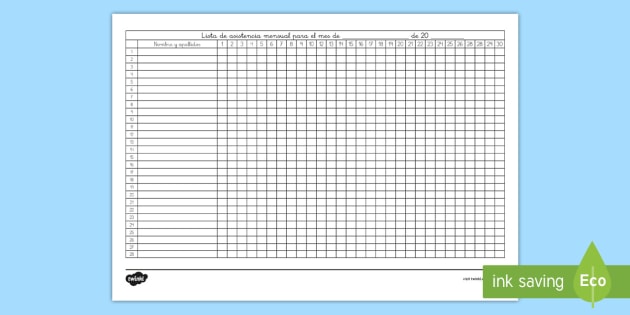 Lista de asistencia mensual Lista de asistencia