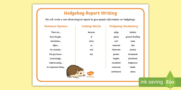 Hedgehog Report Writing Word Mat