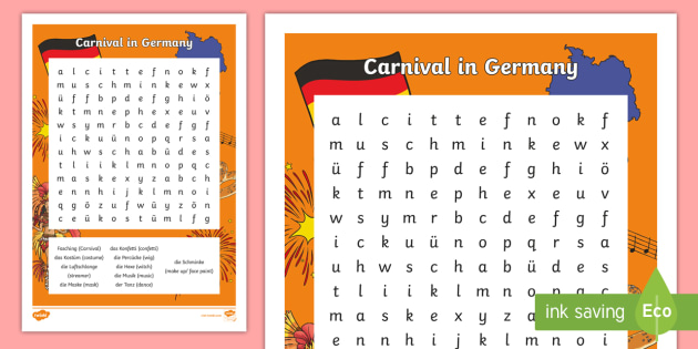 Carnival in Germany Word Search - Carnival, Germany, German, Fasching