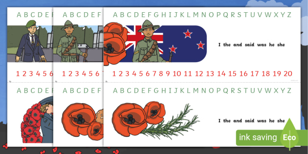 Anzac Day Combined Number Alphabet Strips - Events