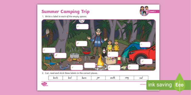 Phonics Level 3 Summer Camping Trip Picture Worksheet