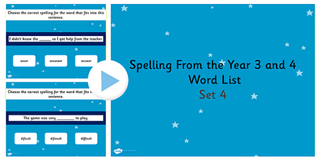 Spelling from the Year 3 and 4 Word List PowerPoint Quiz Set 4