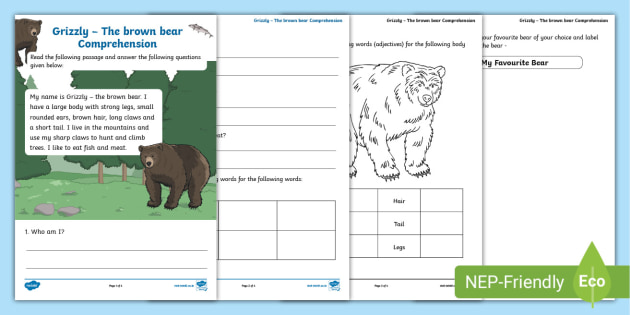Grizzly – The brown bear Comprehension (teacher made)