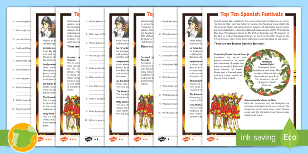 Top Ten Spanish Festivals Differentiated Reading Comprehension Activity