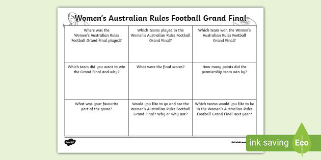 Women's Australian Rules Football Grand Final Writing Worksheet