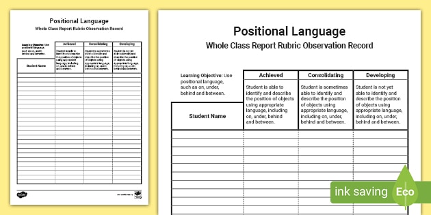 Positional Language EYLF - Rubric for Language Assessment