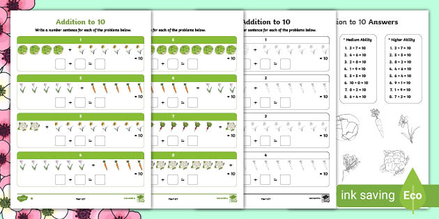 Garden Centre Addition to 10 Worksheets (teacher made)
