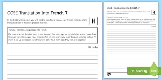 GCSE French: Translation into French 7 - Higher Tier Worksheet