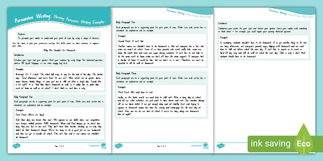 Level 3 Persuasive Writing Planning Sheet with Exemplar