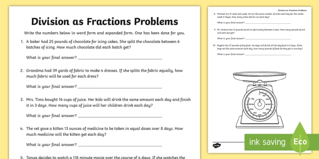 Division As Fractions Word Problems Worksheet Worksheet