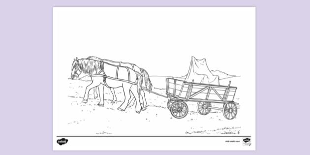Horses Pulling Cart Uphill Colouring Sheet (teacher made)