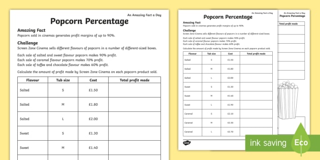Popcorn Percentage Worksheet / Worksheet (teacher made)