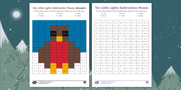 Ten Little Lights Maths Subtraction Mosaic Worksheet / Worksheet