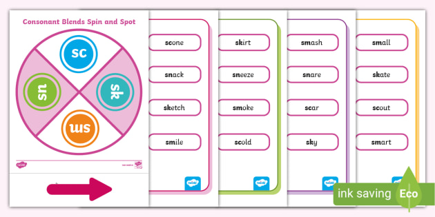 Spinner Game Consonant Blends sc, sk, sn, sm (teacher made)