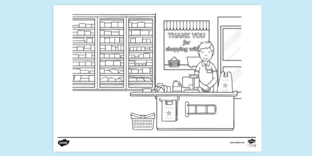 FREE! - Shop Assistant Working in Supermarket Colouring Sheets