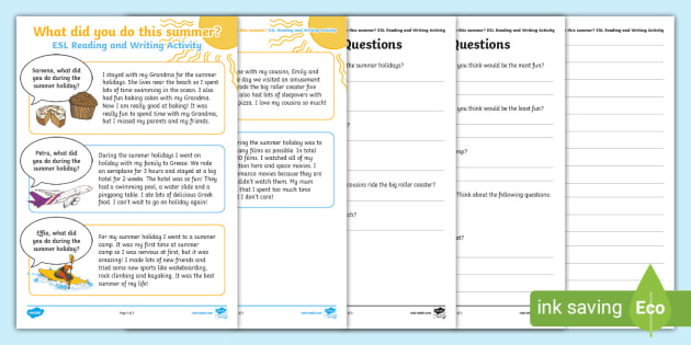 ESL Summer Holidays Writing Activity - Reading & Writing