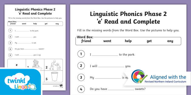 Linguistic Phonics Phase 2 Read Complete 'e' Activity Sheet
