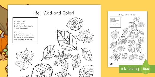 Fall Leaves Roll and Color Dice Addition Activity