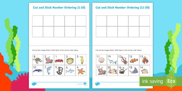Under the Sea Themed Cut and Stick Number Ordering Sheets