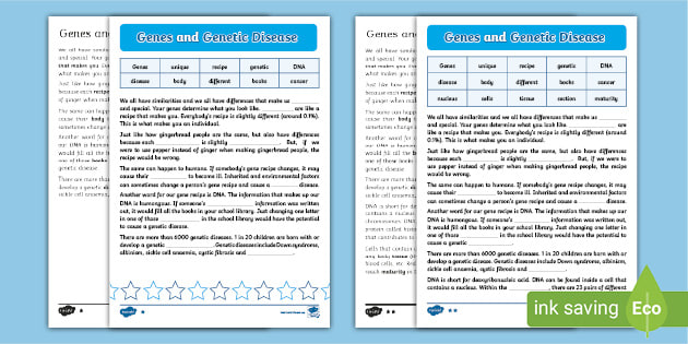 Genes and Genetic Diseases Cloze Activity (teacher made)