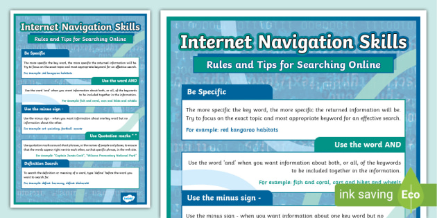Internet Navigation Skills Display Poster: Searching Tips