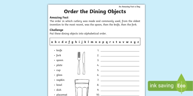 Dining Objects Alphabetical Order Worksheet / Worksheet
