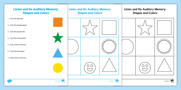 Listen and Do Auditory Memory Activity: Two Words (Shapes and Colors)