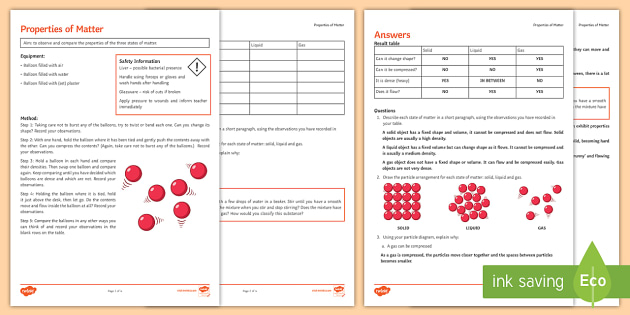 Properties of Matter Investigation Instruction Sheet Print-Out