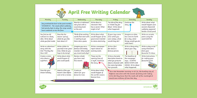 Free Writing Calendar - Home Learning Resources