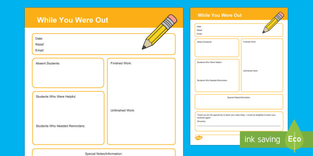 From the Relief Teacher While You Were Out Record