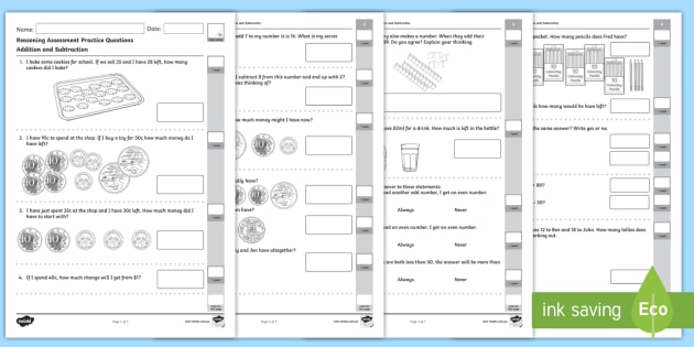 Reasoning Assessment Addition and Subtraction Assessment Sheet