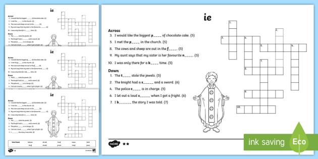 'ie' Digraph Differentiated Crossword (teacher made)