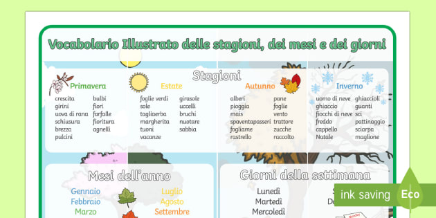 Vocabolario Illustrato Giorni mesi e Stagioni - Giorni, mesi