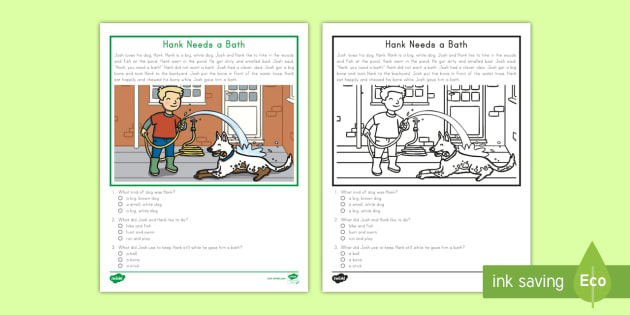 First Grade Hank Needs a Bath Reading Passage Comprehension Activity